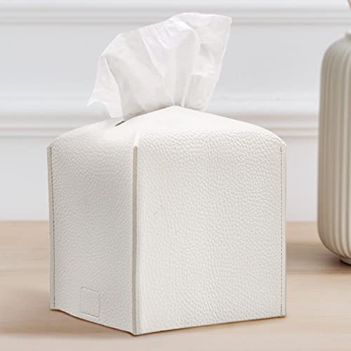 Zen Lyfe Tissue Box Cover Holder, Modern Square Decorative PU Leather Organizer with Bottom Belt for Bathroom Countertop, Nightstand, Office Desk(5.1''*5.1''*5.1'', with Bottom Belt)