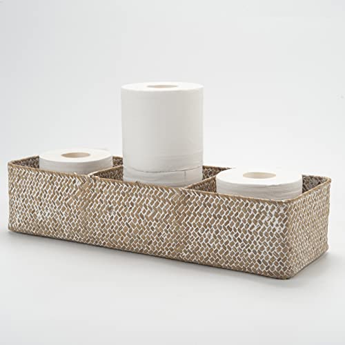 Seagrass Tank Basket for Toilet Paper 3 Sections Woven Storage Basket with Large Compartment Whitewash (16.5inch x 5.5inch x 3.5inch)