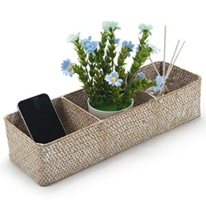 Seagrass Tank Basket for Toilet Paper 3 Sections Woven Storage Basket with Large Compartment Whitewash (16.5inch x 5.5inch x 3.5inch)