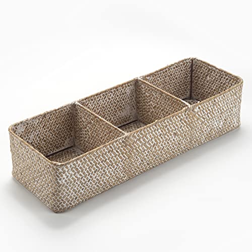 Seagrass Tank Basket for Toilet Paper 3 Sections Woven Storage Basket with Large Compartment Whitewash (16.5inch x 5.5inch x 3.5inch)