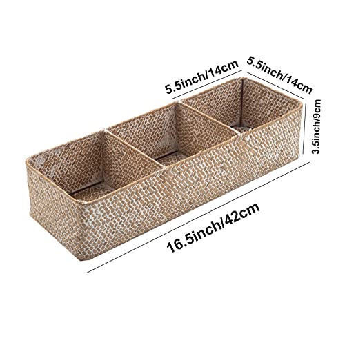 Seagrass Tank Basket for Toilet Paper 3 Sections Woven Storage Basket with Large Compartment Whitewash (16.5inch x 5.5inch x 3.5inch)