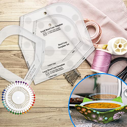 Bowl Cozy Pattern Template Cutting Ruler Set for Sewing, Large Bowl Cozy Template with 40 Pcs Cool Pins and User Manual(3 Sizes)