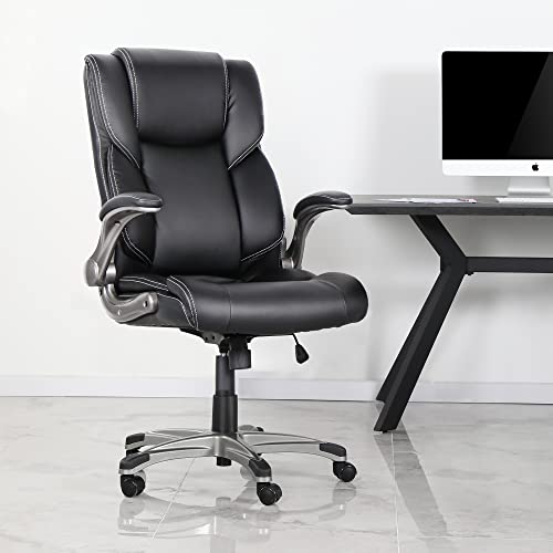 Office Chair Home Ergonomic Computer Hight Back Executive Desk Chairs, Adjustable Height Flip-Up Armrest Lumbar Support and Tilt Swivel Rocking PU Leather Chairs with Wheels Black