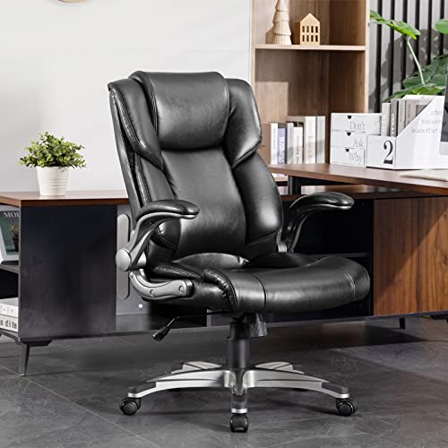 Office Chair Home Ergonomic Computer Hight Back Executive Desk Chairs, Adjustable Height Flip-Up Armrest Lumbar Support and Tilt Swivel Rocking PU Leather Chairs with Wheels Black