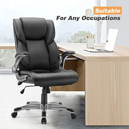 Office Chair Home Ergonomic Computer Hight Back Executive Desk Chairs, Adjustable Height Flip-Up Armrest Lumbar Support and Tilt Swivel Rocking PU Leather Chairs with Wheels Black