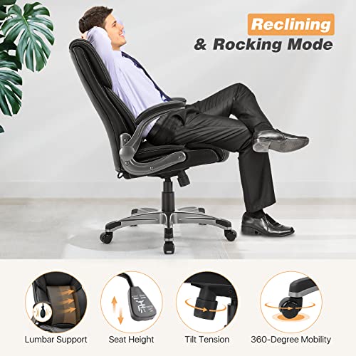 Office Chair Home Ergonomic Computer Hight Back Executive Desk Chairs, Adjustable Height Flip-Up Armrest Lumbar Support and Tilt Swivel Rocking PU Leather Chairs with Wheels Black