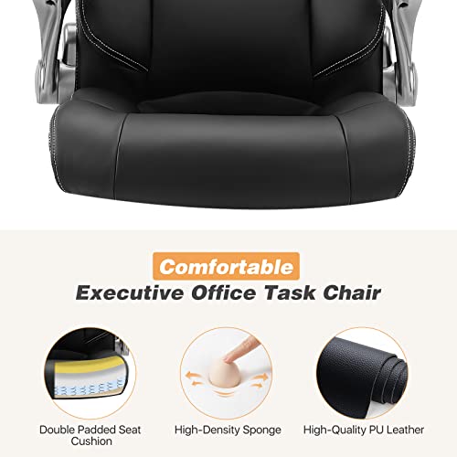 Office Chair Home Ergonomic Computer Hight Back Executive Desk Chairs, Adjustable Height Flip-Up Armrest Lumbar Support and Tilt Swivel Rocking PU Leather Chairs with Wheels Black