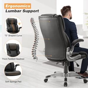 Office Chair Home Ergonomic Computer Hight Back Executive Desk Chairs, Adjustable Height Flip-Up Armrest Lumbar Support and Tilt Swivel Rocking PU Leather Chairs with Wheels Black