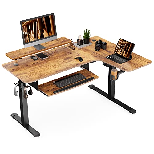 EUREKA ERGONOMIC L Shaped Standing Desk with Keyboard Tray, 61" Electric Height Adjustable Gaming Computer Desk with Monitor Stand & LED Strips, Dual Motor Sit Stand Up Corner Desk, Right/Rustic Brown