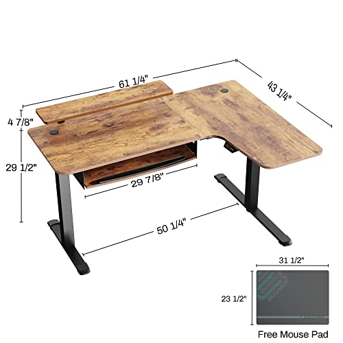 EUREKA ERGONOMIC L Shaped Standing Desk with Keyboard Tray, 61" Electric Height Adjustable Gaming Computer Desk with Monitor Stand & LED Strips, Dual Motor Sit Stand Up Corner Desk, Right/Rustic Brown