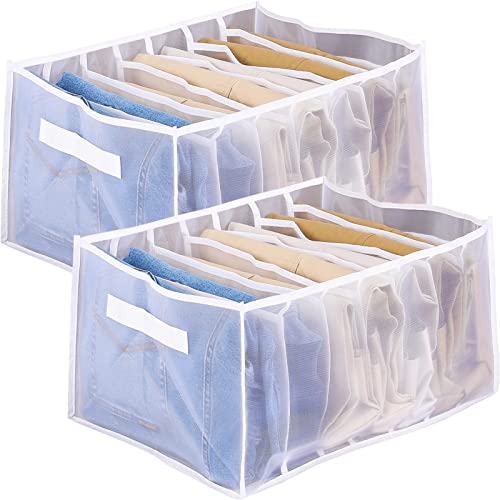 Extra Large Oversize Jeans Wardrobe Clothes Organizer, 7 Grid Mesh Closet Shelf Organizers for Jeans Pants T-shirts, 17.3-inch with Handle Foldable Drawer Storage Box Bedroom (White, 2Pcs Upgraded)