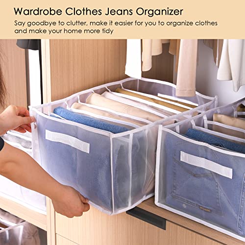 Extra Large Oversize Jeans Wardrobe Clothes Organizer, 7 Grid Mesh Closet Shelf Organizers for Jeans Pants T-shirts, 17.3-inch with Handle Foldable Drawer Storage Box Bedroom (White, 2Pcs Upgraded)