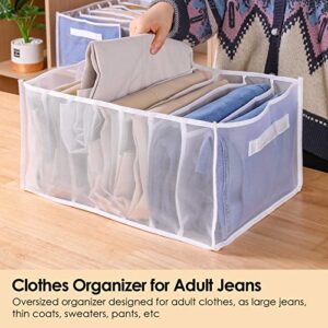 Extra Large Oversize Jeans Wardrobe Clothes Organizer, 7 Grid Mesh Closet Shelf Organizers for Jeans Pants T-shirts, 17.3-inch with Handle Foldable Drawer Storage Box Bedroom (White, 2Pcs Upgraded)