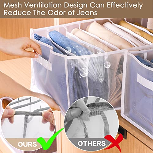 Extra Large Oversize Jeans Wardrobe Clothes Organizer, 7 Grid Mesh Closet Shelf Organizers for Jeans Pants T-shirts, 17.3-inch with Handle Foldable Drawer Storage Box Bedroom (White, 2Pcs Upgraded)