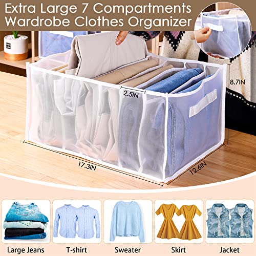 Extra Large Oversize Jeans Wardrobe Clothes Organizer, 7 Grid Mesh Closet Shelf Organizers for Jeans Pants T-shirts, 17.3-inch with Handle Foldable Drawer Storage Box Bedroom (White, 2Pcs Upgraded)