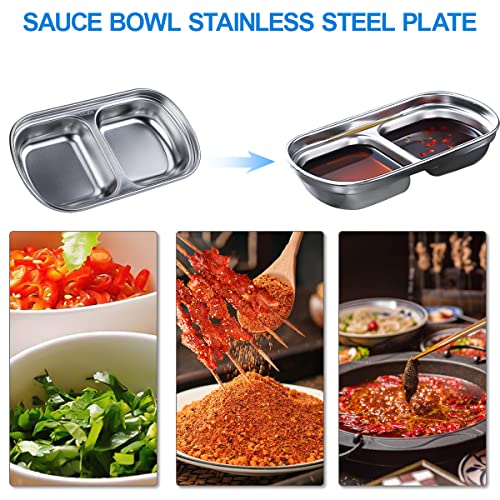 FATEE 4 Pcs Soy Sauce Dish Stainless Steel Dual Dipping Sauce Cups, Seasoning Dishes Appetizer Serving Tray for Restaurant Kitchen,Soy Sauce, Ketchup, BBQ Sauce