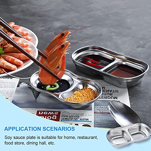 FATEE 4 Pcs Soy Sauce Dish Stainless Steel Dual Dipping Sauce Cups, Seasoning Dishes Appetizer Serving Tray for Restaurant Kitchen,Soy Sauce, Ketchup, BBQ Sauce