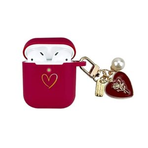 aiiekz compatible with airpods case cover, soft silicone case with gold heart pattern for airpods 2&1 generation case with vintage roses pearl keychain for girls women (burgundy)