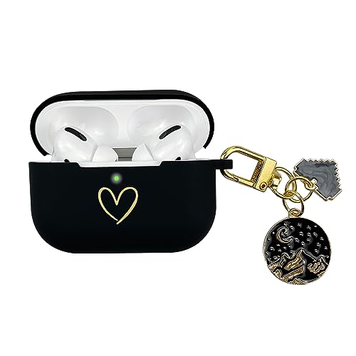 AIIEKZ Compatible with AirPods Pro Case Cover, Soft Silicone Case with Gold Heart Pattern for AirPod Pro Case with Vintage Starry Mountains Keychain for Girls Women (Black)