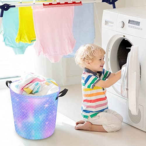 Glitter Mermaid Rainbow Laundry Baskets Magic Fish Tail Sparkles printed Collapsible Waterproof Laundry Hamper with Handles Round Toy storage for Dirty Clothes Kids Toys Bedroom Bathroom