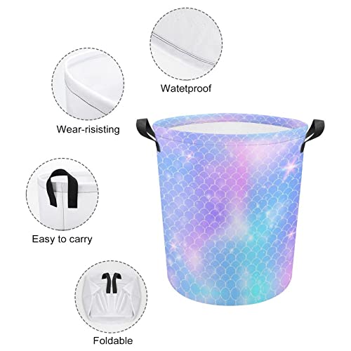 Glitter Mermaid Rainbow Laundry Baskets Magic Fish Tail Sparkles printed Collapsible Waterproof Laundry Hamper with Handles Round Toy storage for Dirty Clothes Kids Toys Bedroom Bathroom