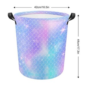 Glitter Mermaid Rainbow Laundry Baskets Magic Fish Tail Sparkles printed Collapsible Waterproof Laundry Hamper with Handles Round Toy storage for Dirty Clothes Kids Toys Bedroom Bathroom