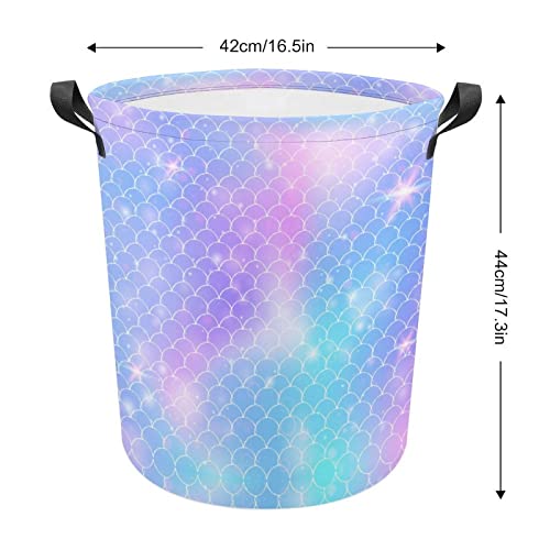 Glitter Mermaid Rainbow Laundry Baskets Magic Fish Tail Sparkles printed Collapsible Waterproof Laundry Hamper with Handles Round Toy storage for Dirty Clothes Kids Toys Bedroom Bathroom