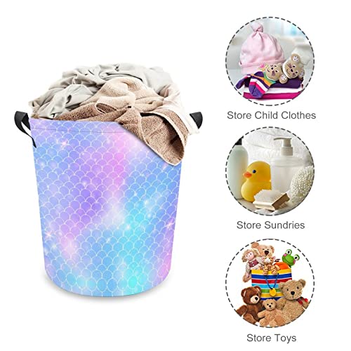 Glitter Mermaid Rainbow Laundry Baskets Magic Fish Tail Sparkles printed Collapsible Waterproof Laundry Hamper with Handles Round Toy storage for Dirty Clothes Kids Toys Bedroom Bathroom