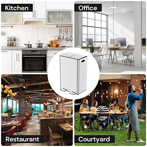 SunsGrove Kitchen Trash Can 16 Gallon, Dual Garbage Bin Recycle Combo, in-Home Recycling Bin with Dual Compartments, Slim Stainless Steel, 60L Trash Bin for Kitchen/Office, Silver