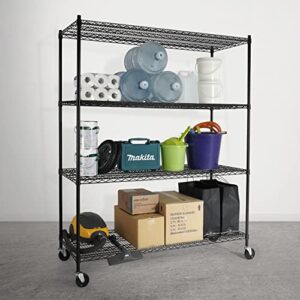 caphaus heavy-duty adjustable height wire shelving unit, wire rack shelving, metal steel storage shelves, garage shelving storage organizer, utility storage shelf, 60wx24dx76h 4-tier w/wheels, black