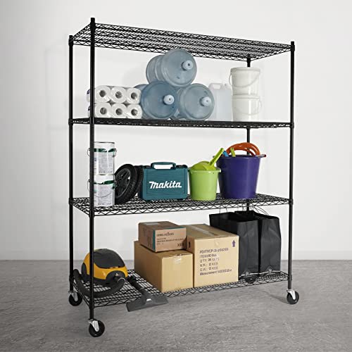 CAPHAUS Heavy-Duty Adjustable Height Wire Shelving Unit, Wire Rack Shelving, Metal Steel Storage Shelves, Garage Shelving Storage Organizer, Utility Storage Shelf, 60Wx24Dx76H 4-Tier W/Wheels, Black