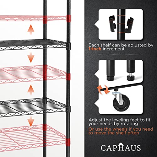 CAPHAUS Heavy-Duty Adjustable Height Wire Shelving Unit, Wire Rack Shelving, Metal Steel Storage Shelves, Garage Shelving Storage Organizer, Utility Storage Shelf, 60Wx24Dx76H 4-Tier W/Wheels, Black