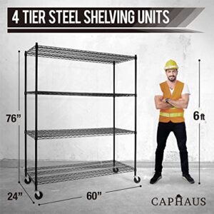 CAPHAUS Heavy-Duty Adjustable Height Wire Shelving Unit, Wire Rack Shelving, Metal Steel Storage Shelves, Garage Shelving Storage Organizer, Utility Storage Shelf, 60Wx24Dx76H 4-Tier W/Wheels, Black