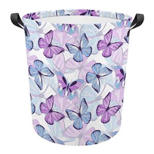 purple blue butterflies laundry baskets collapsible waterproof laundry hamper with handles round toy bin for dirty clothes,kids toys,bedroom,bathroom