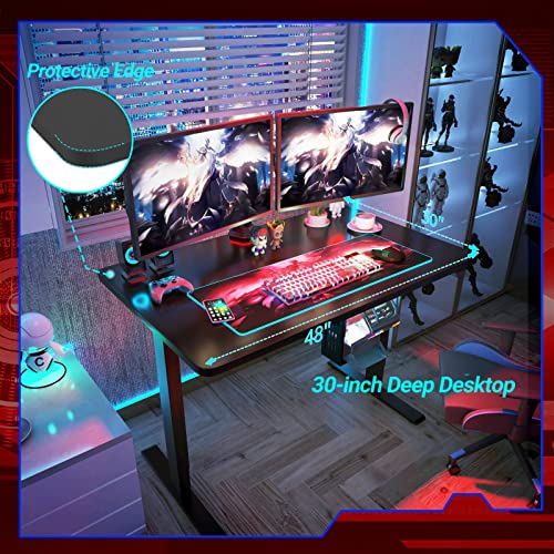 Electric Standing Desk 48 x 30 Inches, Height Adjustable Gaming Desk, Stand Up Desk w/2-Button Controller, Ergonomic Computer Desk for Home, Black Frame + Black Tabletop