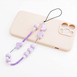 oAutoSjy Mobile Phone Chain Strap Pearl Heart Beads Phone Case Charm Chain Beaded Mobile Phone Lanyard Wrist Strap Anti-Lost Phone String Decor Rope Bracelet Keychain Charm for Women Girls Purple