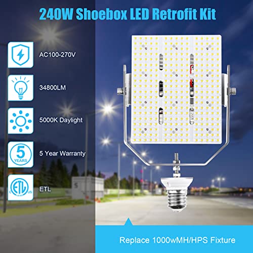 240W LED Parking Lot Retrofit Kit 34800LM ETL DLC Replace 1000W MH HPS HID Shoebox LED Retrofit Lights AC100-277V 5000K E39 Base for Outdoor Tennis Court Canopy Flood Street Area Lighting Fixture