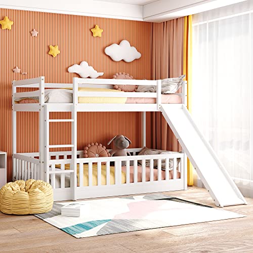 Merax Twin Over Twin Bunk Bed with Slide and Ladder, No Box Spring Needed, White