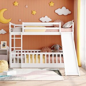 Merax Twin Over Twin Bunk Bed with Slide and Ladder, No Box Spring Needed, White