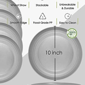 KITWILD Wheat Straw Plates, Unbreakable Dinner Plates, Lightweight Plastic Plates Reusable Plates Set, BPA free, Dishwasher & Microwave Safe, Perfect for Dinner Dishes (4 Pack, Gray)