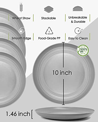 KITWILD Wheat Straw Plates, Unbreakable Dinner Plates, Lightweight Plastic Plates Reusable Plates Set, BPA free, Dishwasher & Microwave Safe, Perfect for Dinner Dishes (4 Pack, Gray)