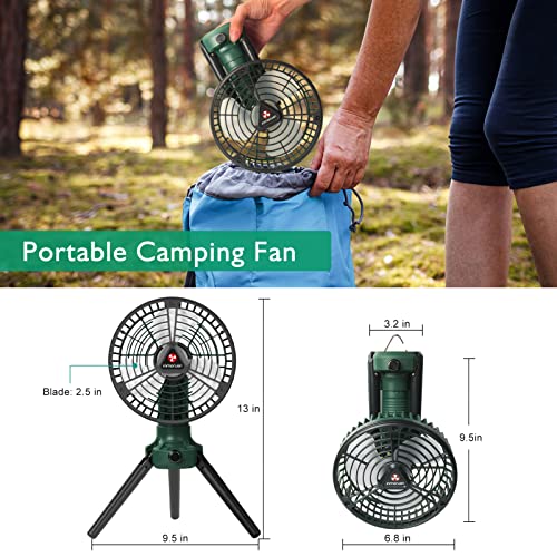 SISMEL Portable Camping Fan with Light, 10400mAh Rechargeable Battery Operated Fan, Stepless Speed and Small Quiet Outdoor Tent Fan, USB Oscillating Fan for Bedroom Bedside, Camp Tents, Office Desk