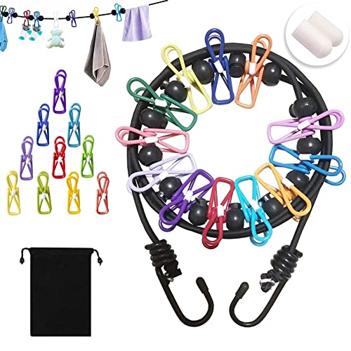 Portable Clothesline with 12 Colorful Clothespins, Windproof Travel Clothesline Stretchy Retractable Elastic Laundry Clothes Line for Backyard, Vacation Hotel, Balcony and Indoor Use