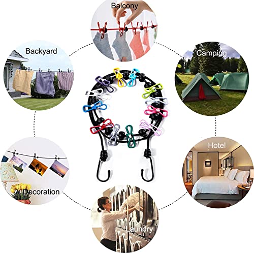 Portable Clothesline with 12 Colorful Clothespins, Windproof Travel Clothesline Stretchy Retractable Elastic Laundry Clothes Line for Backyard, Vacation Hotel, Balcony and Indoor Use