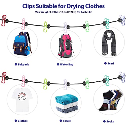 Portable Clothesline with 12 Colorful Clothespins, Windproof Travel Clothesline Stretchy Retractable Elastic Laundry Clothes Line for Backyard, Vacation Hotel, Balcony and Indoor Use