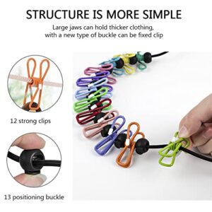 Portable Clothesline with 12 Colorful Clothespins, Windproof Travel Clothesline Stretchy Retractable Elastic Laundry Clothes Line for Backyard, Vacation Hotel, Balcony and Indoor Use