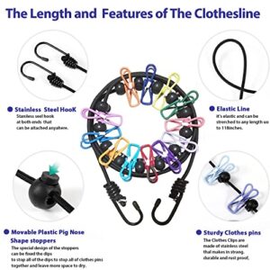 Portable Clothesline with 12 Colorful Clothespins, Windproof Travel Clothesline Stretchy Retractable Elastic Laundry Clothes Line for Backyard, Vacation Hotel, Balcony and Indoor Use