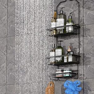 Elbourn Shower Caddy Over Shower Head, Bathroom Hanging Shower Organizer with Hooks, SUS201 Stainless Steel Shower Storage Rack 3 Shelves for Shampoo, Soap and Razor - Black