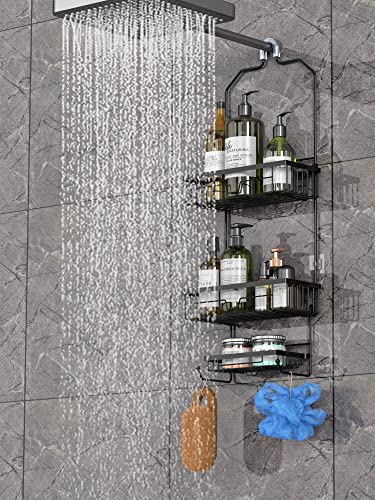 Elbourn Shower Caddy Over Shower Head, Bathroom Hanging Shower Organizer with Hooks, SUS201 Stainless Steel Shower Storage Rack 3 Shelves for Shampoo, Soap and Razor - Black