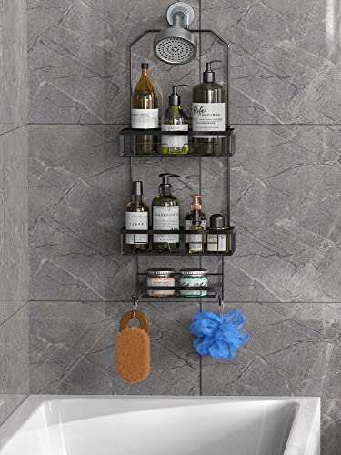 Elbourn Shower Caddy Over Shower Head, Bathroom Hanging Shower Organizer with Hooks, SUS201 Stainless Steel Shower Storage Rack 3 Shelves for Shampoo, Soap and Razor - Black